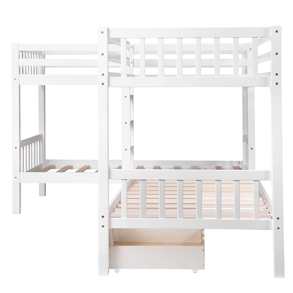 L-Shaped Bunk Bed with Drawers, Wood Twin Over Twin Bunk Beds with Drawers for Kids, Teens, Adults (White)