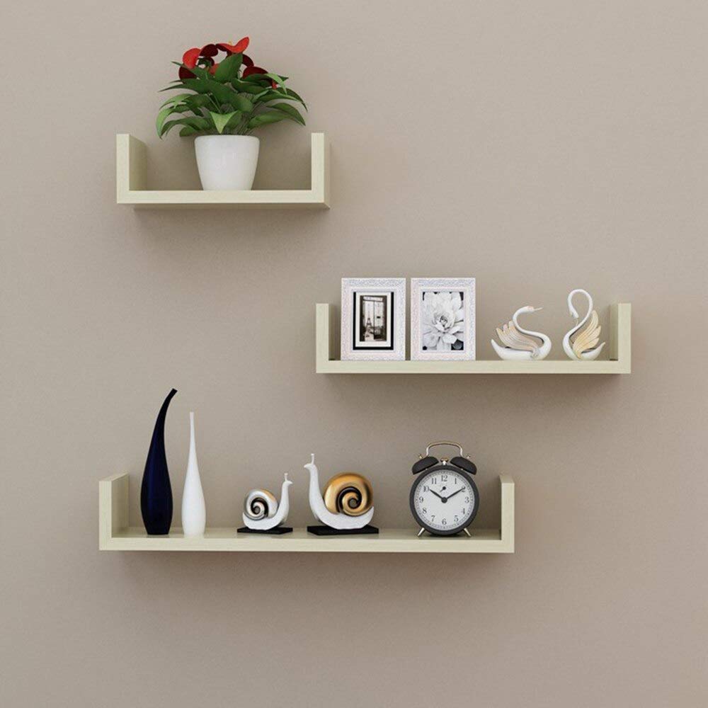 KF-Premium Set of 3 White U Shaped Floating Wooden Book Shelves - Wall Mounting Shelf Storage Display Book Unit for Bedroom Office Kitchen, Creative Self Hanging Display Bookcase