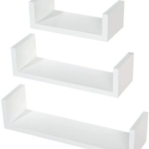 KF-Premium Set of 3 White U Shaped Floating Wooden Book Shelves - Wall Mounting Shelf Storage Display Book Unit for Bedroom Office Kitchen, Creative Self Hanging Display Bookcase