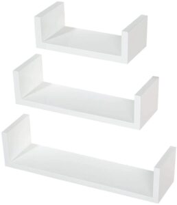 kf-premium set of 3 white u shaped floating wooden book shelves - wall mounting shelf storage display book unit for bedroom office kitchen, creative self hanging display bookcase