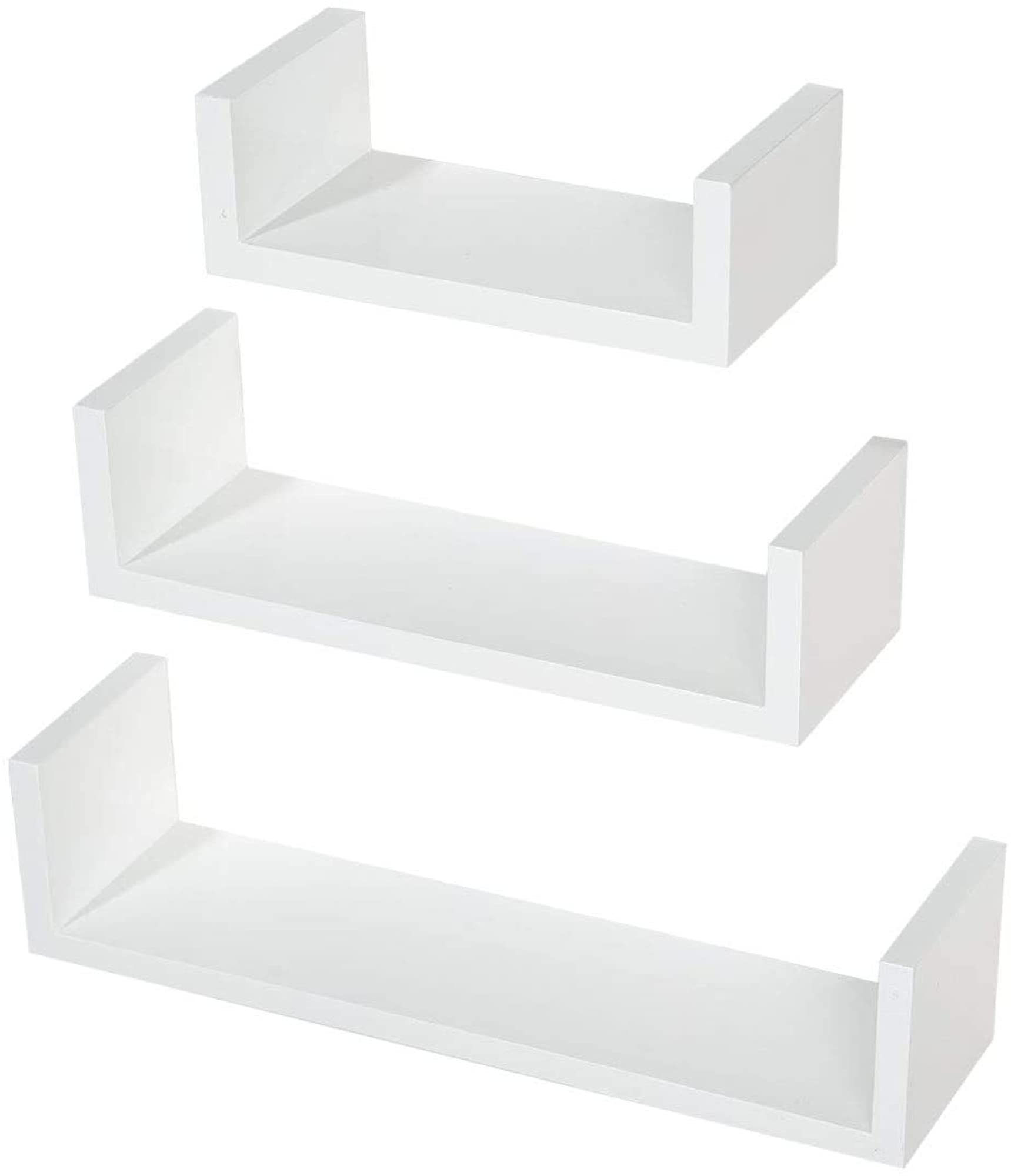 KF-Premium Set of 3 White U Shaped Floating Wooden Book Shelves - Wall Mounting Shelf Storage Display Book Unit for Bedroom Office Kitchen, Creative Self Hanging Display Bookcase