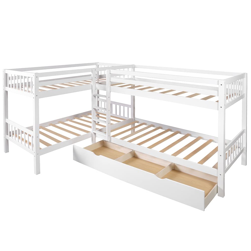 L-Shaped Bunk Bed with Drawers, Wood Twin Over Twin Bunk Beds with Drawers for Kids, Teens, Adults (White)