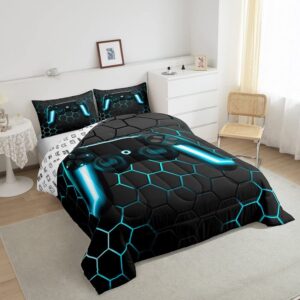 Gaming Comforter for Boys Teens Game Bedding Sets Twin,Kids Gamer Comforter Set Game Home Decor,Soft Neon Lights Gamepad Duvet Insert All Season Hexagon Quilt Comforter with 1 Pillowcase, Blue Grey