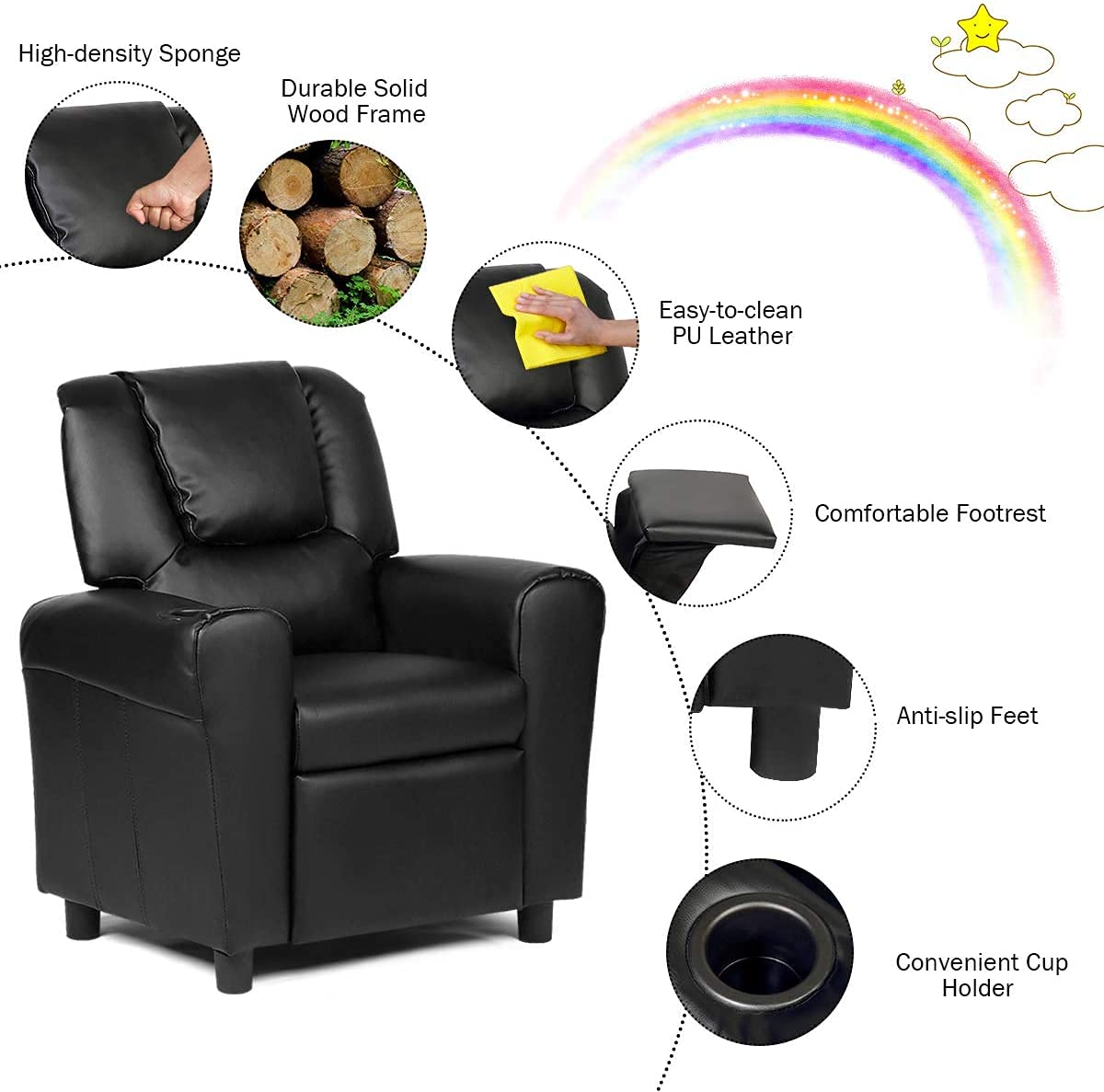 GLACER Kids Recliner with Cup Holder, Children Recliner Chair with Ergonomic Armrest & Padded Backrest, Toddler Armchair for Boys & Girls, 3+ Age Group (Black)