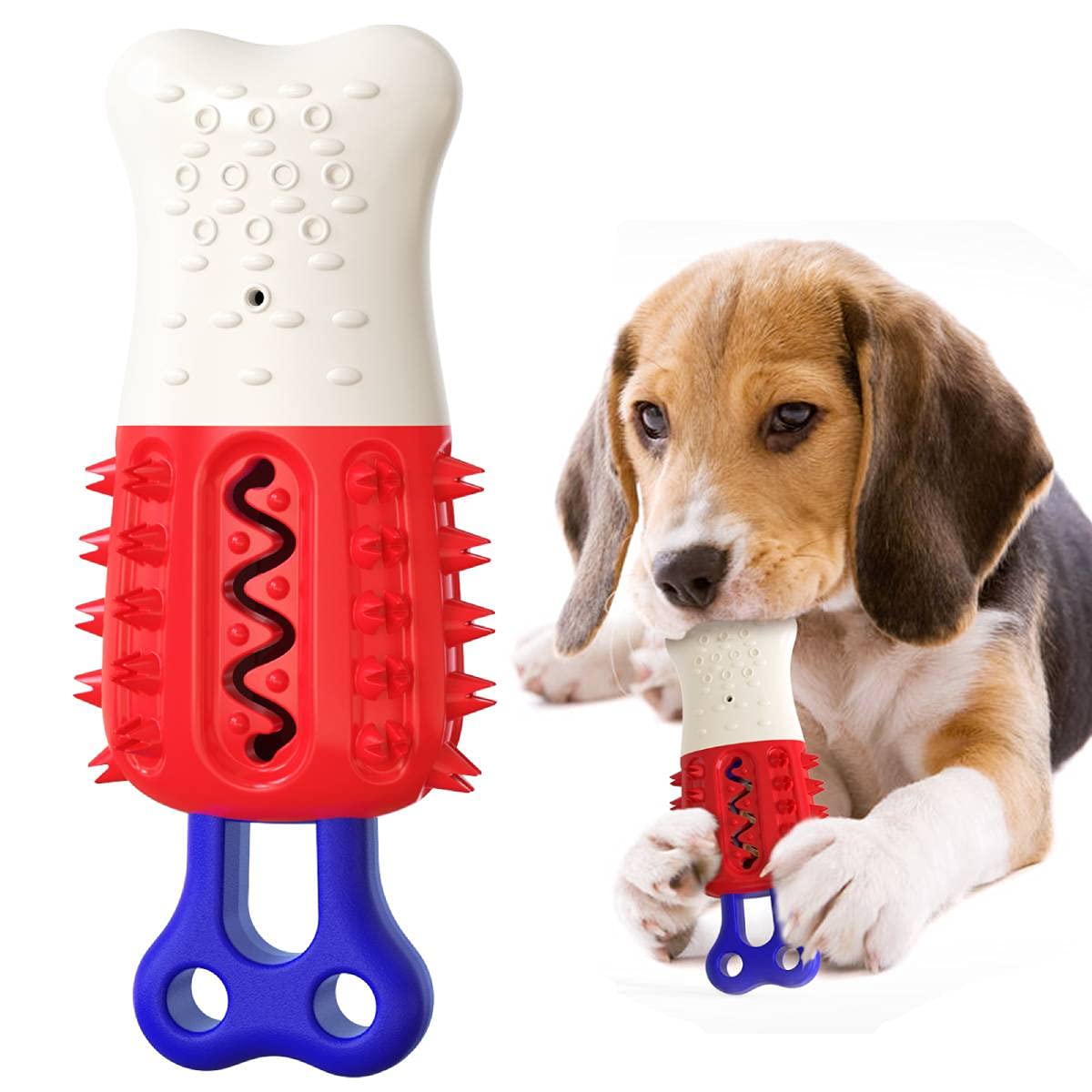 Dog Chew Toys for Aggressive Chewers Large Breed, Squeaky Dog Chew Toy for Small Dogs Puppies, Durable Tough Natural Rubber Dog Bones Interactive Toys for Teething Cleaning Training , Easy Clean (red)