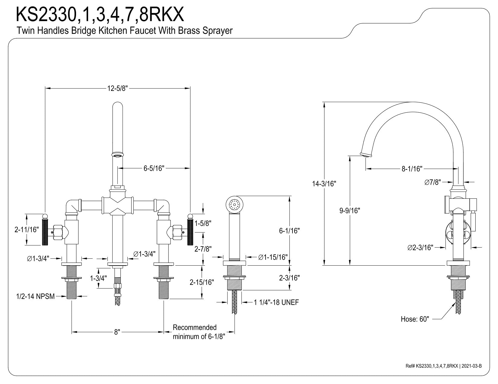 Kingston Brass KS2338RKX Webb Two-Handle 4-Hole Deck Mount Bridge Kitchen Faucet with Knurled Handle and Brass Side Sprayer in Brushed Nickel