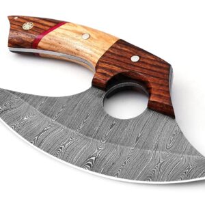 Bushcraft Custom Handmade Damascus Steel Ulu Knife - Best Alaskan Damascus Ulu Knife With Sheath - Multi-Purpose Damascus Knives For Skinning, Hunting, Chopping, (Rose Wood & Olive)