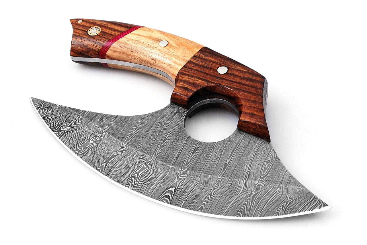 Bushcraft Custom Handmade Damascus Steel Ulu Knife - Best Alaskan Damascus Ulu Knife With Sheath - Multi-Purpose Damascus Knives For Skinning, Hunting, Chopping, (Rose Wood & Olive)