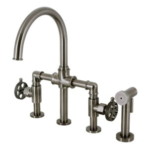 kingston brass ks2334rkx webb two-handle 4-hole deck mount bridge kitchen faucet with knurled handle and brass side sprayer in black stainless