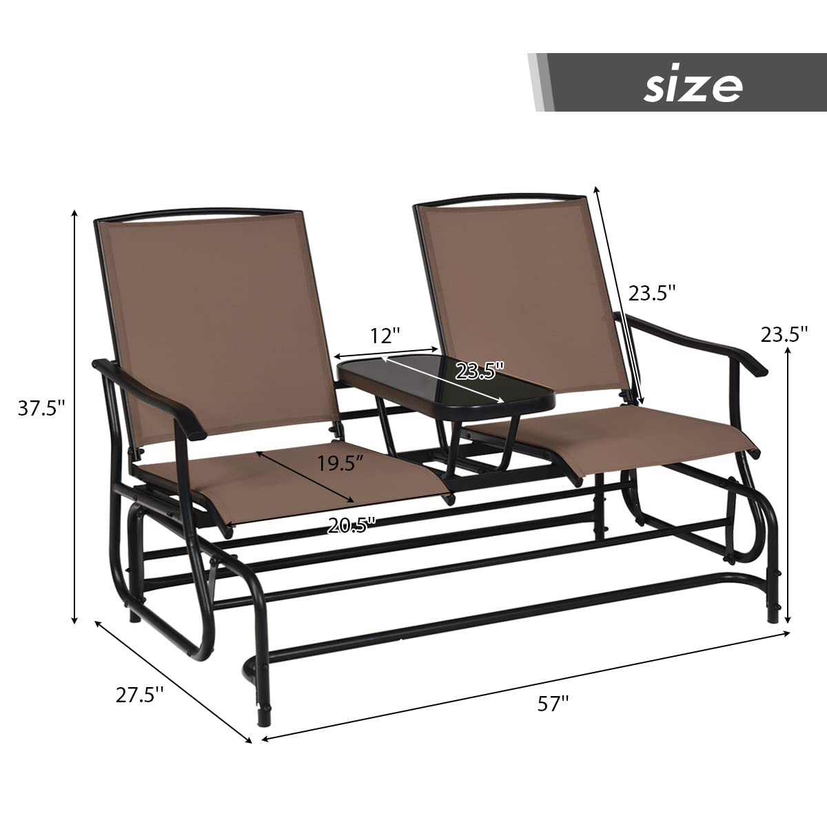 Giantex Patio Bench Glider Chair with Metal Frame, Center Tempered Glass Table, Outside Double Rocking Swing Loveseat for Porch, Garden, Poolside, Balcony, Lawn Rocker Outdoor Glider Bench(Brown)