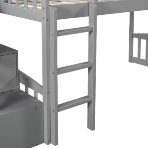 Harper & Bright Designs Twin Size Loft Bed with Slide and Stairway, Wooden Low Loft Bed with Storage for Kids Girls Boys (Gray)