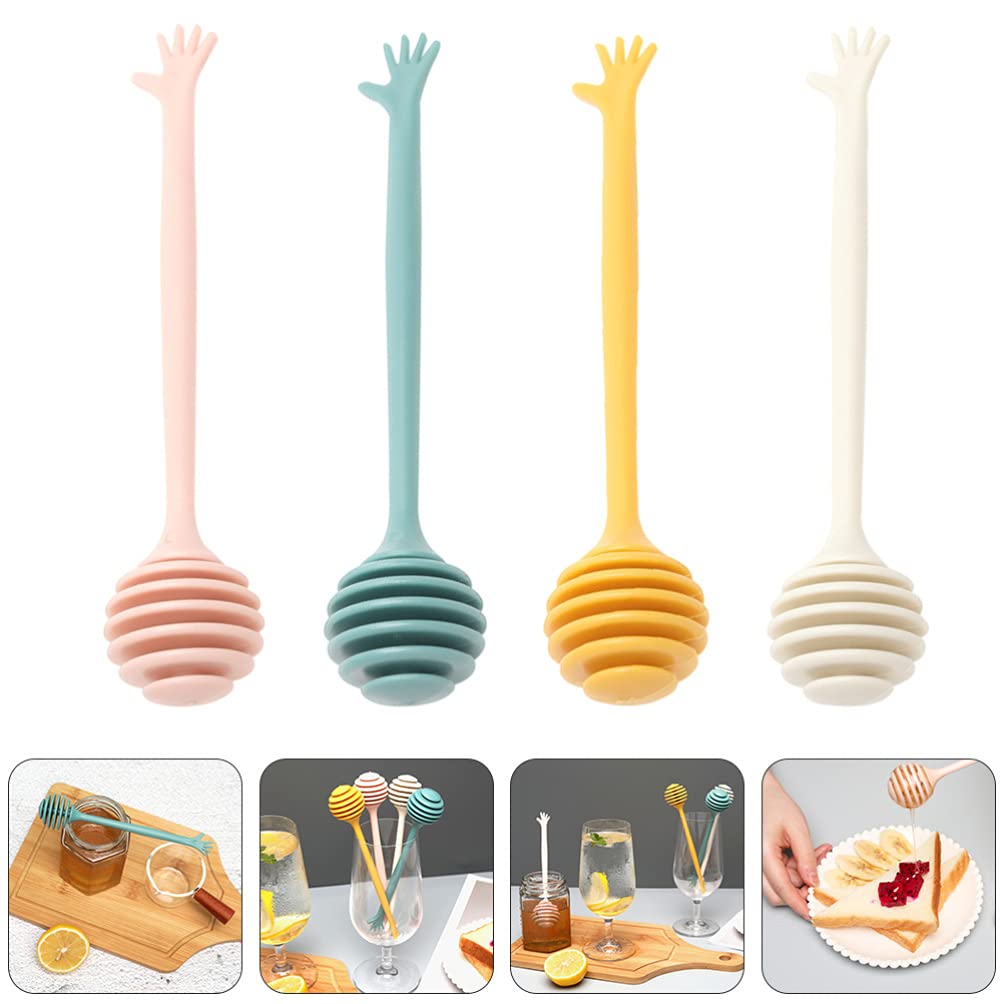 NUOBESTY 4pcs Honey Dippers Plastic Honey Stirrer Sticks Honey Spoon Syrup Stirrers for Honey Jar Dispense Drizzle Honey Kitchen Gadgets Green Beige Yellow