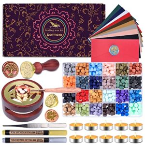 wax seal stamp kit with gift box, aottom wax letter seal kit with 24 colors 650 pcs wax seal beads, sealing wax warmer, envelopes, candles, wax stamp, metallic pen for gift and decoration