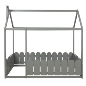 AOCOROE Twin Size House Bed for Boys and Girl Wood Twin Platform Bed Frame Playhouse Design Canopy Bed Tent Bed with Roof and Fence, Floor Height,Grey