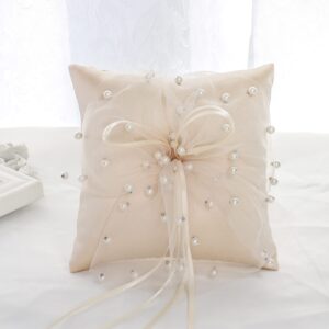 LABJULY Ring Pillow Pearl Ring Bearer Pillows 5.9x5.9 Inch Champagne Stain Ribbons Bow Fall Wedding Ring Pillows for Bridal Wedding