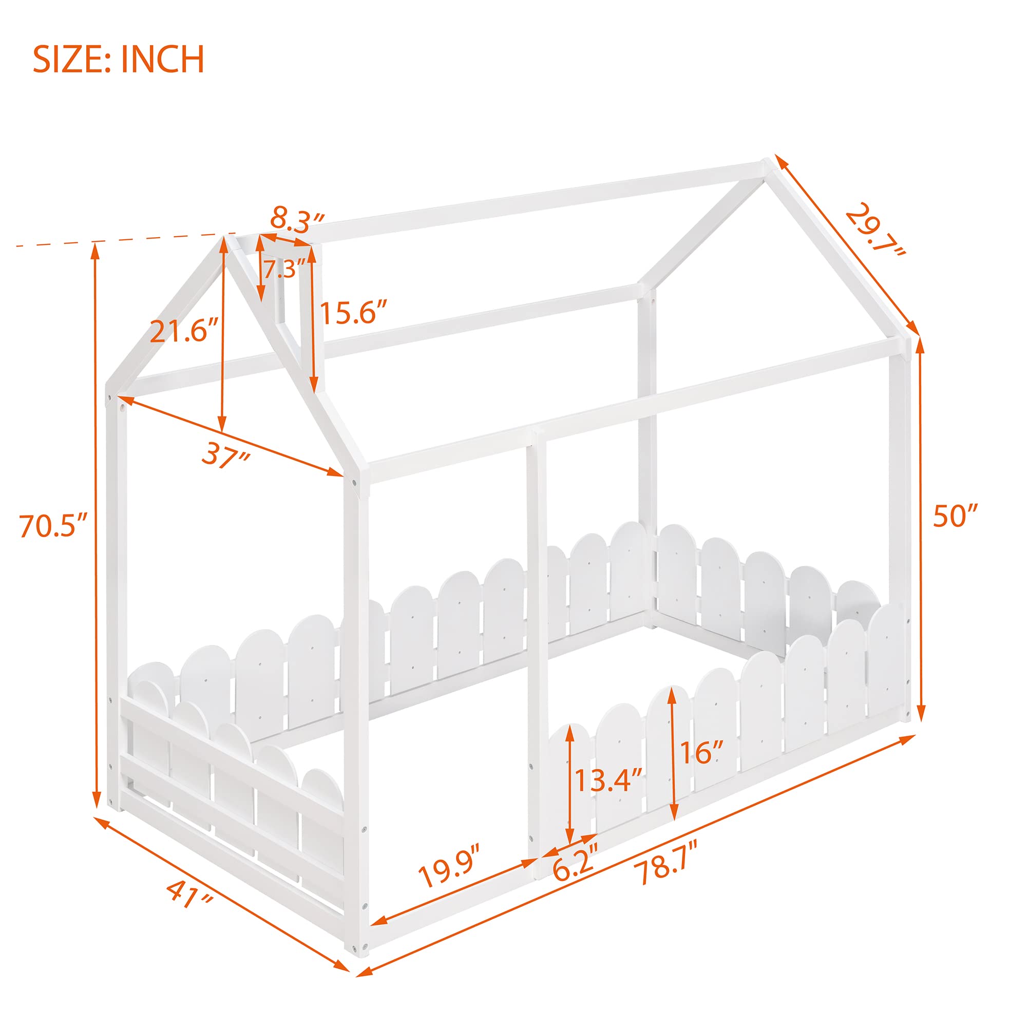 AOCOROE Twin Size House Bed for Boys and Girl Wood Twin Platform Bed Frame Playhouse Design Canopy Bed Tent Bed with Roof and Fence, Floor Height,White