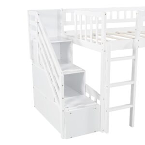 Harper & Bright Designs Twin Size Loft Bed with Slide and Stairway, Wooden Low Loft Bed with Storage for Kids Girls Boys (White)