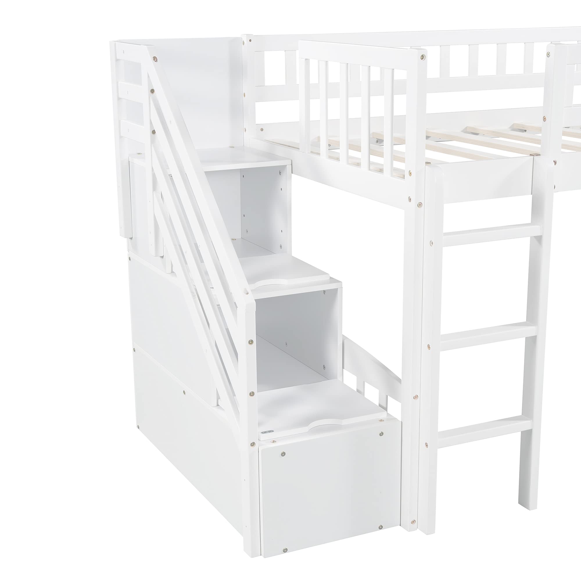 Harper & Bright Designs Twin Size Loft Bed with Slide and Stairway, Wooden Low Loft Bed with Storage for Kids Girls Boys (White)