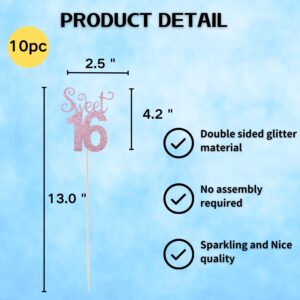 10-Pack Glitter Gold Double Sided Sweet 16 Birthday Anniversary Centerpiece Sticks, Number 16 Table Cake Topper for Sweet 16 Birthday Table Party Decorations (sweet 16) (rose gold)