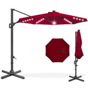 best choice products 10ft solar led cantilever patio umbrella, 360-degree rotation hanging offset market outdoor sun shade for backyard, deck, poolside w/lights, easy tilt, cross base - burgundy