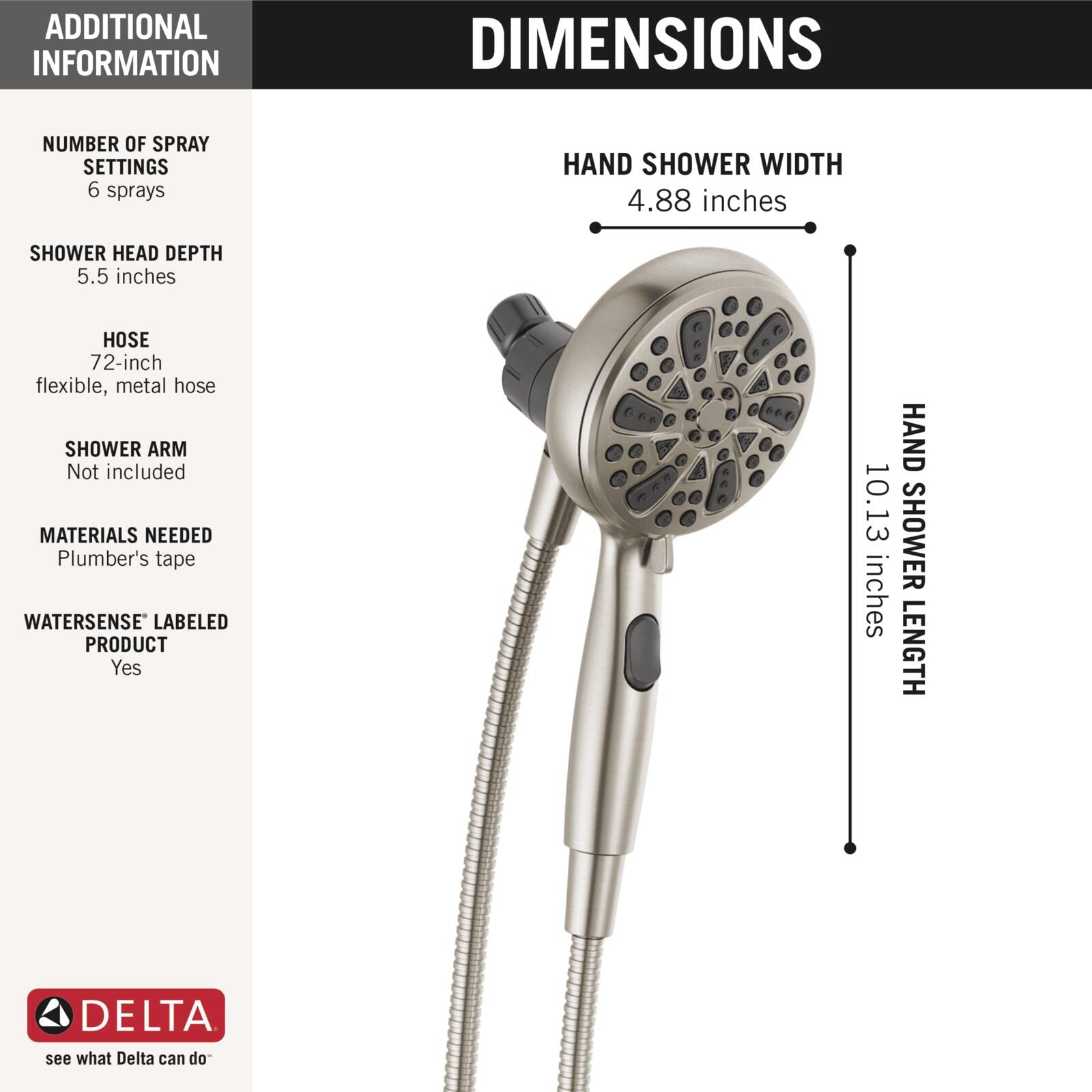 Delta Faucet 6-Setting SureDock Magnetic Shower Head with Handheld Spray, Brushed Nickel Shower Head with Hose, Round Shower Head, Showerheads & Handheld Showers, MagnaTite Docking, Stainless 75609SN