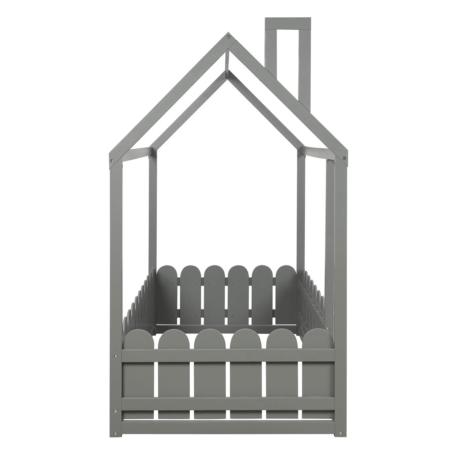 AOCOROE Twin Size House Bed for Boys and Girl Wood Twin Platform Bed Frame Playhouse Design Canopy Bed Tent Bed with Roof and Fence, Floor Height,Grey