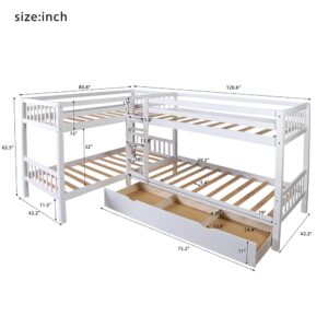 L-Shaped Bunk Bed with Drawers, Wood Twin Over Twin Bunk Beds with Drawers for Kids, Teens, Adults (White)