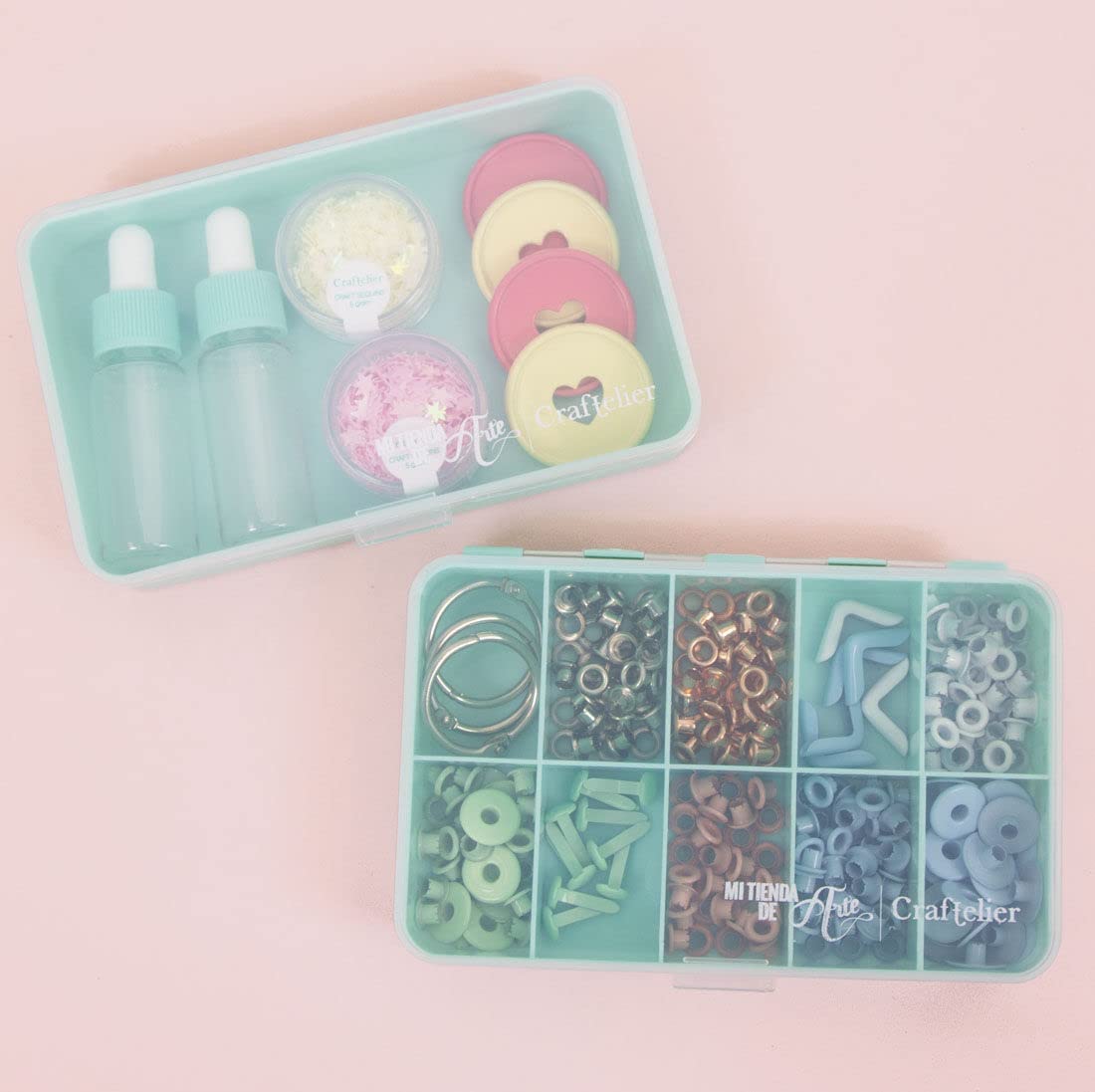 Craftelier - Mini Organizing Box with 10 Compartments for Scrapbooking and Craft Materials | Dimensions 14.6 x 9.1 x 3.2 cm (5.75“ x 3.6” x 1.25") - Transparent and Turquoise Color