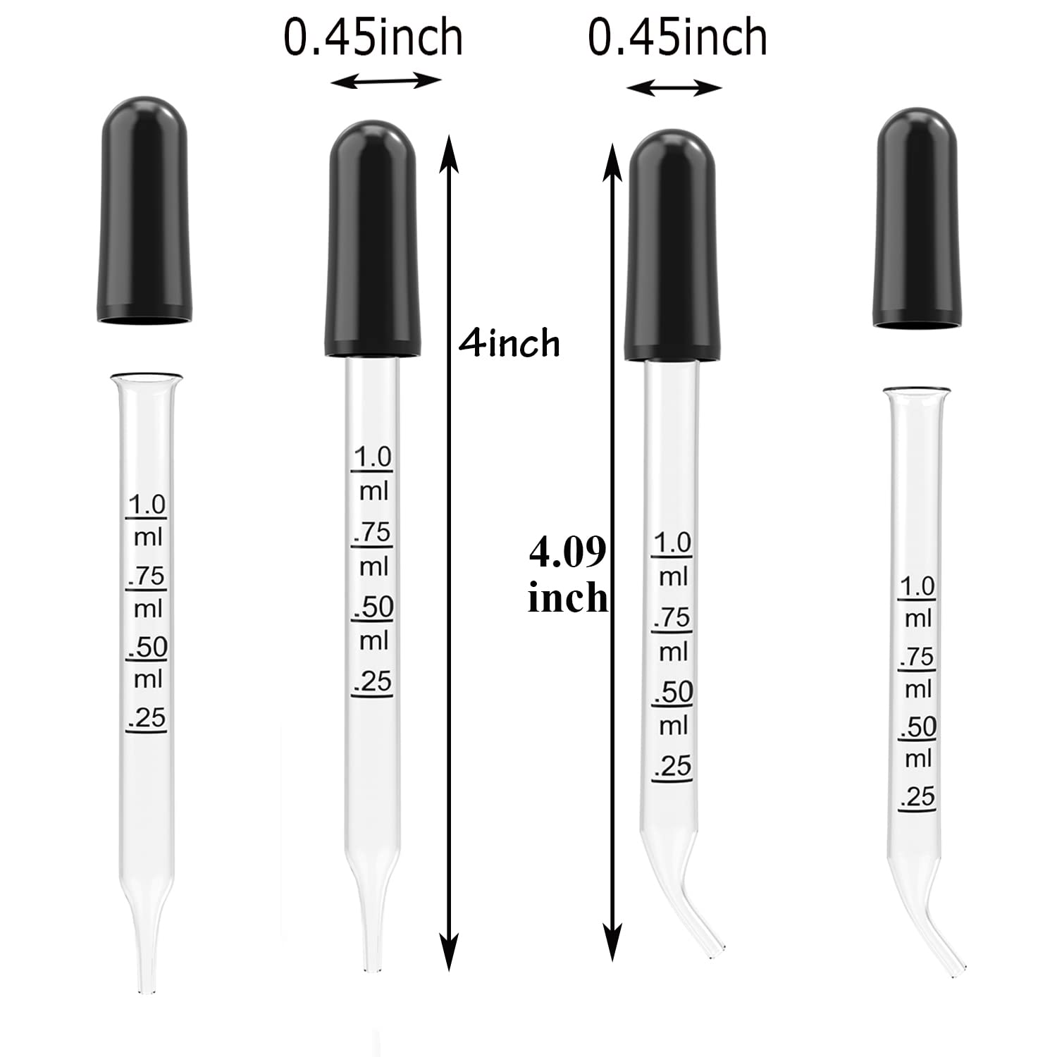 20pcs 1ml Glass Liquid Droppers, Essential Oils Eye Dropper Pipettes with Black Suction Bulb, for Makeup Art Liquid Plant Nutrients, Straight Tip and Bent Tip 2 Style