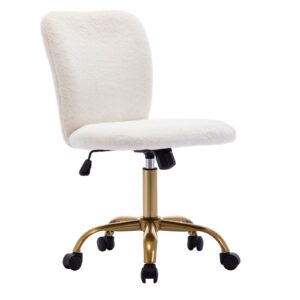 duhome faux fur home office desk chair, modern fluffy fuzzy vanity chair with wheels golden base height adjustable swivel task chair for girls women, white & faux fur