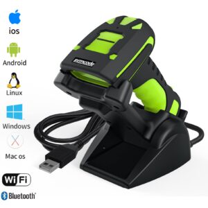 2D Bluetooth Industrial Barcode Scanner, Industrial Bar Code Reader with Wireless 433Mhz 1800 Feet Transmission Distance，for Intensive scanning of Large Warehouses