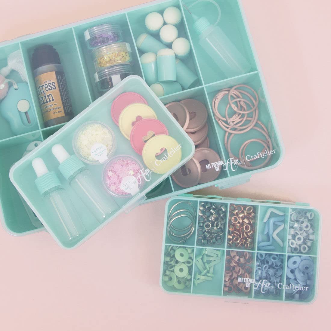 Craftelier - Mini Organizing Box with 10 Compartments for Scrapbooking and Craft Materials | Dimensions 14.6 x 9.1 x 3.2 cm (5.75“ x 3.6” x 1.25") - Transparent and Turquoise Color