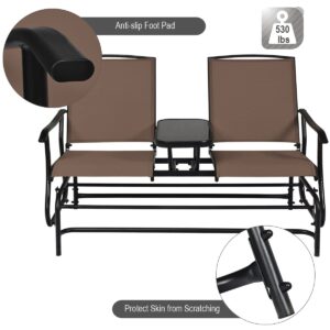 Giantex Patio Bench Glider Chair with Metal Frame, Center Tempered Glass Table, Outside Double Rocking Swing Loveseat for Porch, Garden, Poolside, Balcony, Lawn Rocker Outdoor Glider Bench(Brown)