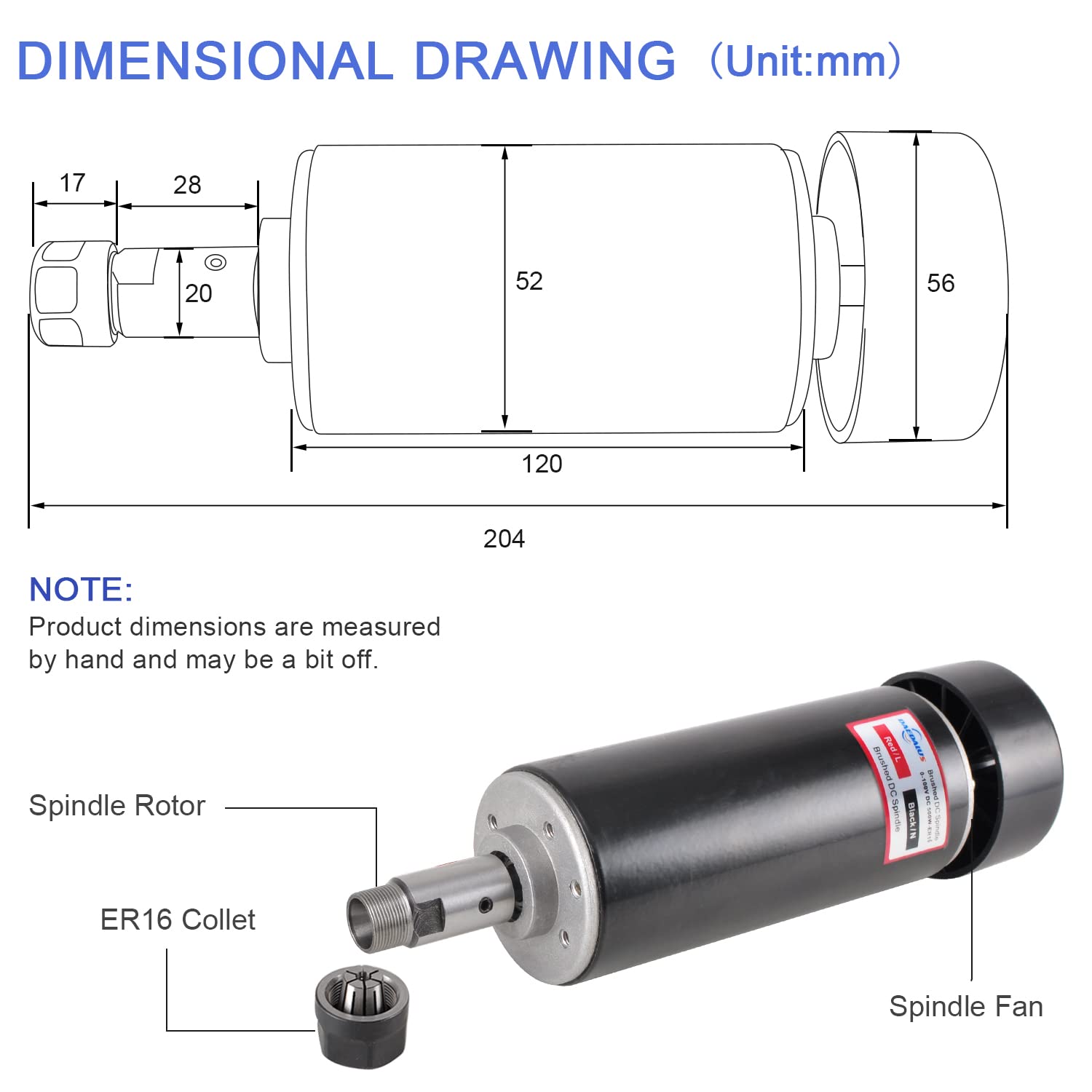 Daedalus CNC Spindle Motor Kit, 500w, ER16, Brushed