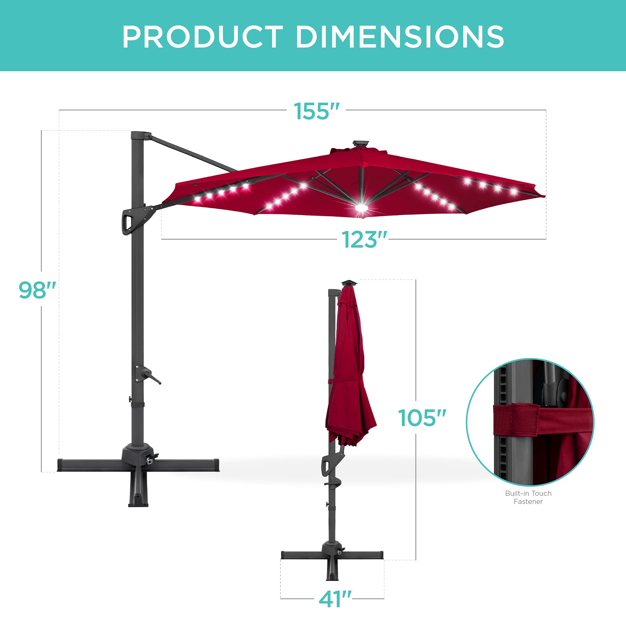 Best Choice Products 10ft Solar LED Cantilever Patio Umbrella, 360-Degree Rotation Hanging Offset Market Outdoor Sun Shade for Backyard, Deck, Poolside w/Lights, Easy Tilt, Cross Base - Burgundy