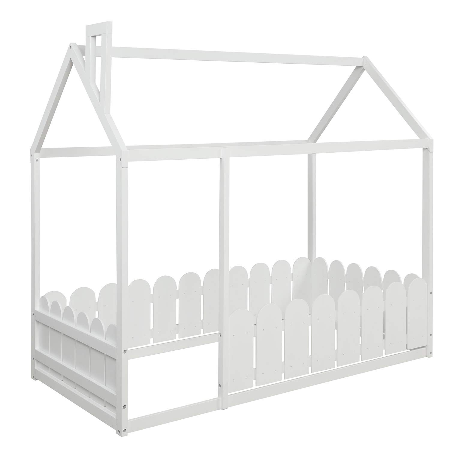 AOCOROE Twin Size House Bed for Boys and Girl Wood Twin Platform Bed Frame Playhouse Design Canopy Bed Tent Bed with Roof and Fence, Floor Height,White