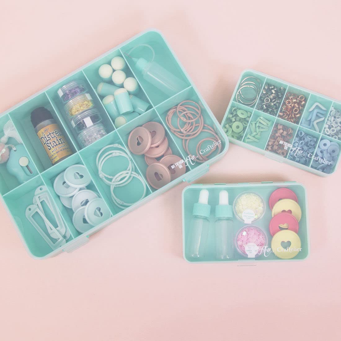 Craftelier - Mini Organizing Box with 10 Compartments for Scrapbooking and Craft Materials | Dimensions 14.6 x 9.1 x 3.2 cm (5.75“ x 3.6” x 1.25") - Transparent and Turquoise Color