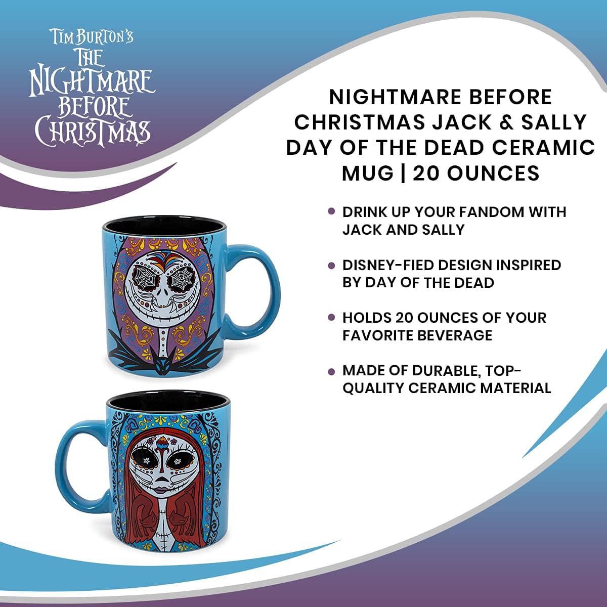 The Nightmare Before Christmas Jack and Sally Day of the Dead Ceramic Coffee Mug | Official Disney Kitchen Accessories | Oversized Cup For Home Kitchen, Holiday Drinkware | Holds 20 Ounces