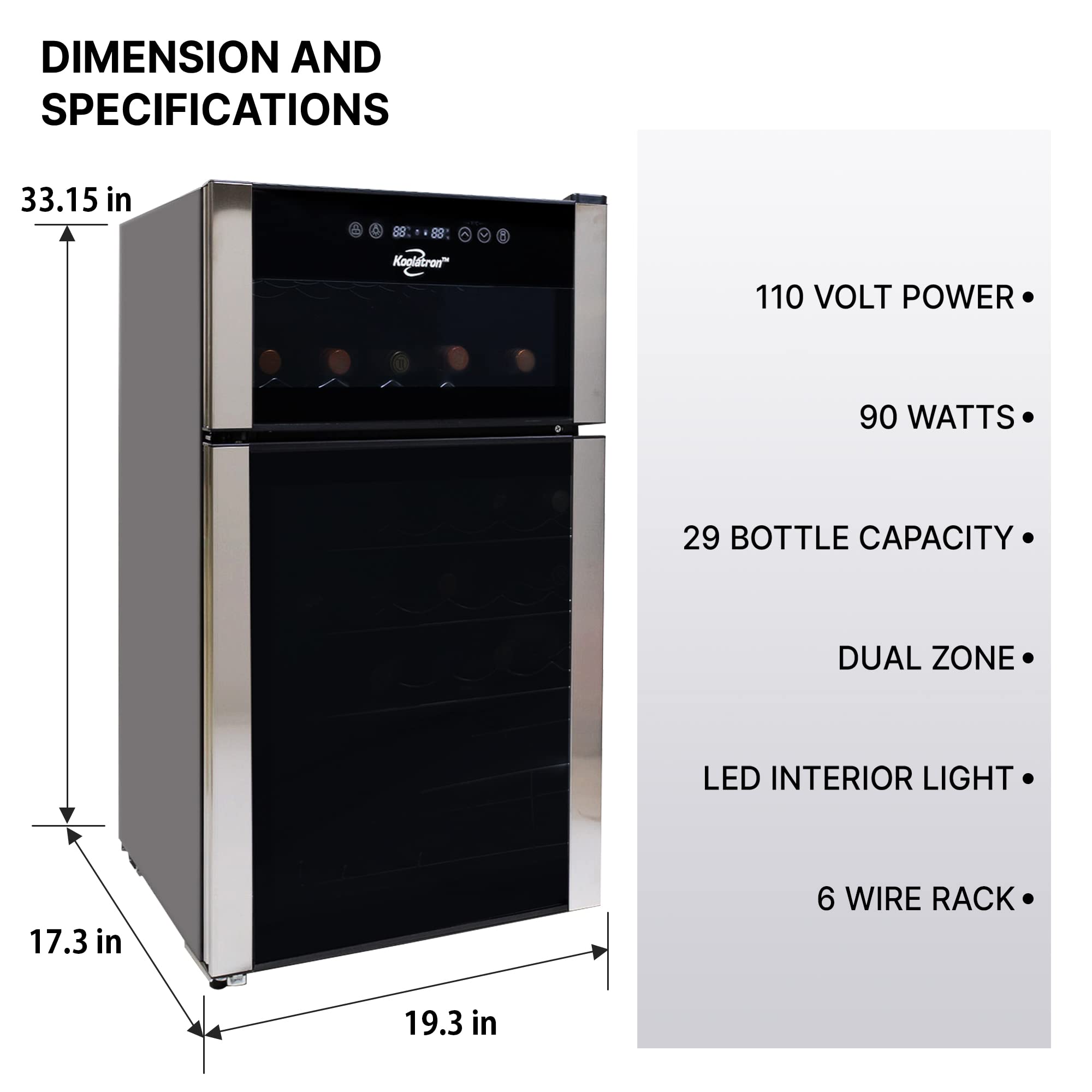 Koolatron 29 Bottle Wine Cooler Refrigerator Dual Zone Compressor Wine Fridge Freestanding for Red White Sparkling Wine Cellar Ideal for Home Bar Kitchen Apartment