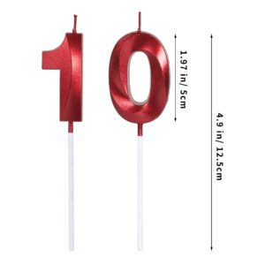 Red 10th Birthday Candles for Cakes, Number 10 Glitter Candle Cake Topper for Party Anniversary Wedding Celebration Decoration