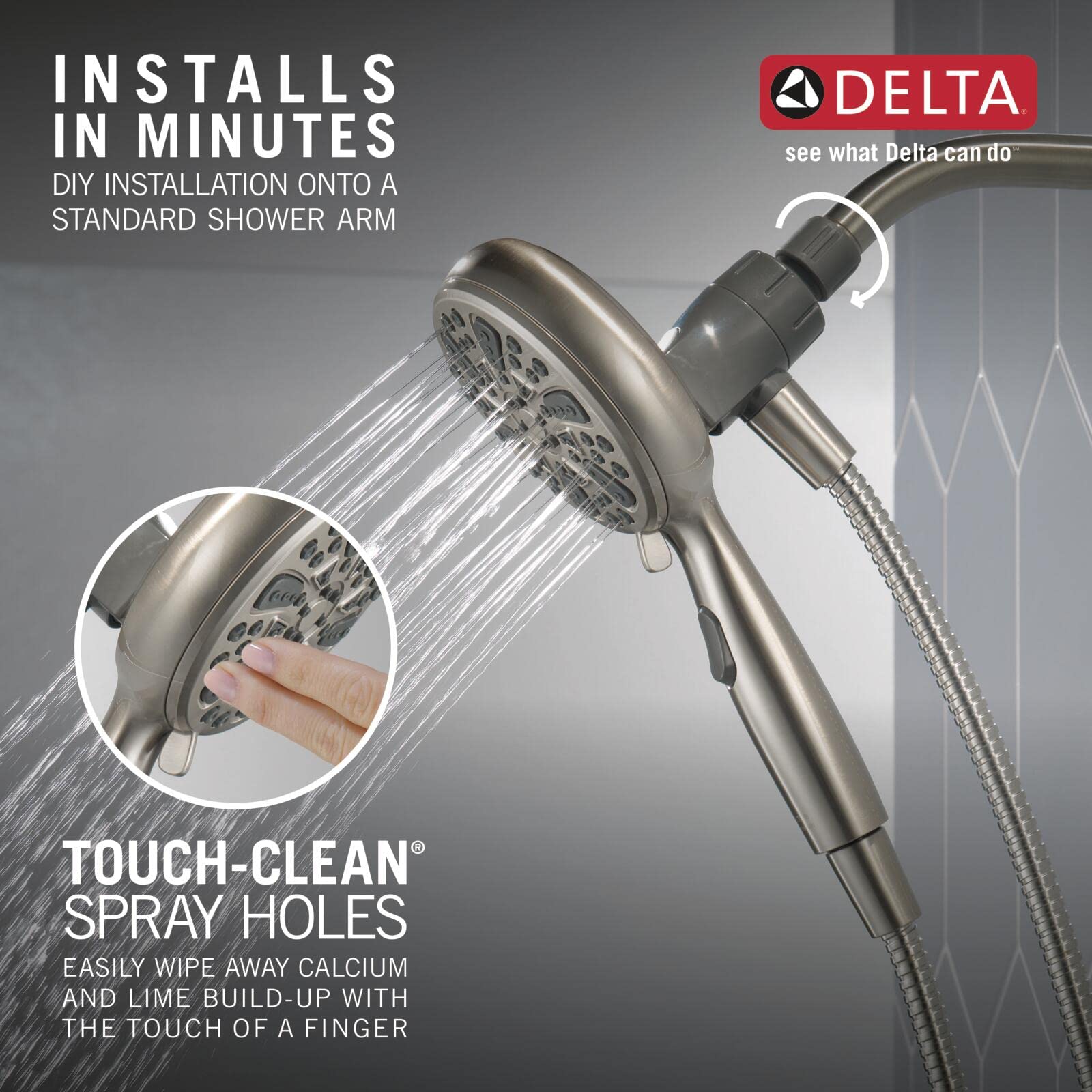 Delta Faucet 6-Setting SureDock Magnetic Shower Head with Handheld Spray, Brushed Nickel Shower Head with Hose, Round Shower Head, Showerheads & Handheld Showers, MagnaTite Docking, Stainless 75609SN