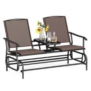 giantex patio bench glider chair with metal frame, center tempered glass table, outside double rocking swing loveseat for porch, garden, poolside, balcony, lawn rocker outdoor glider bench(brown)