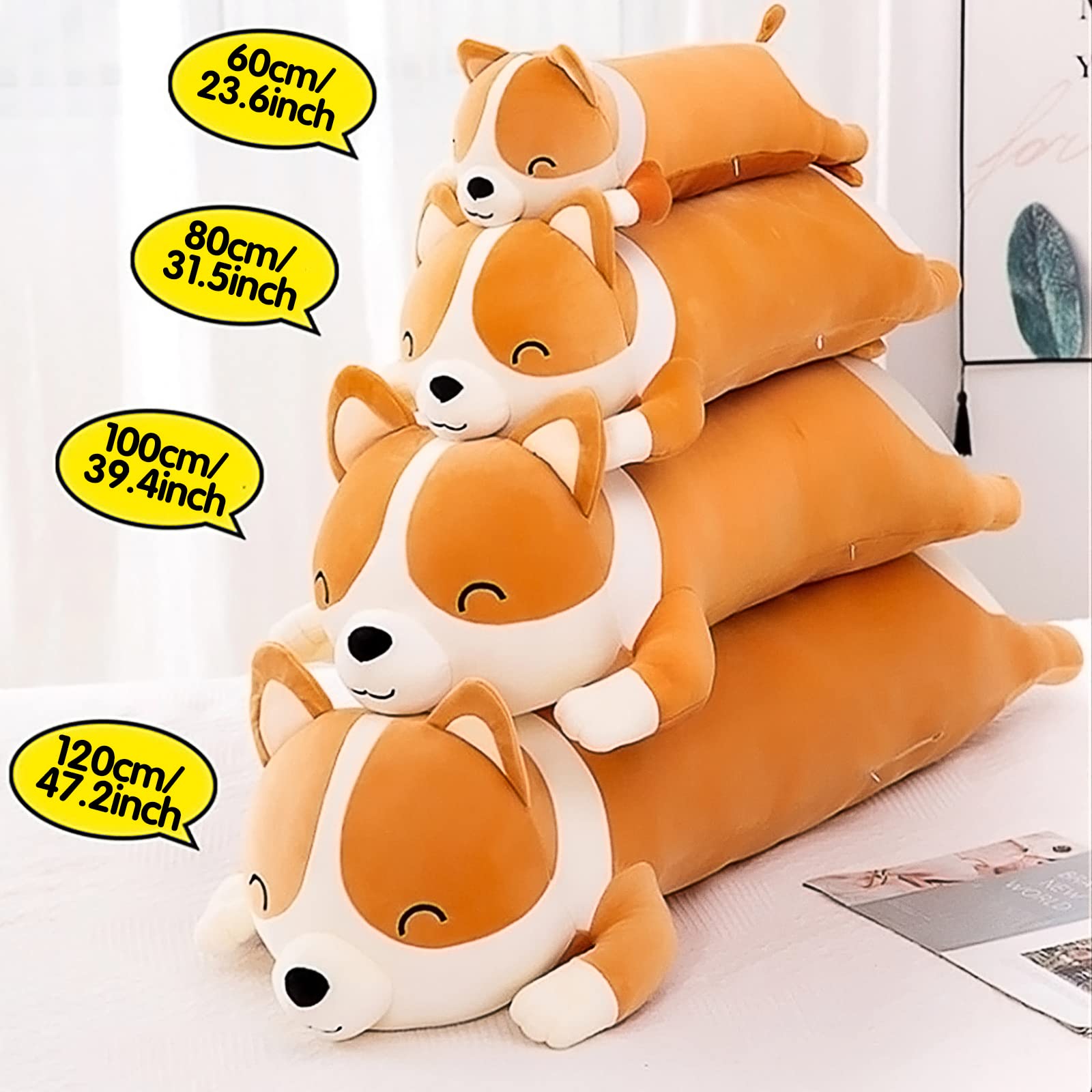 SNOWOLF Shiba Inu Plush Pillow Stuffed Animal Dog 47.2inch Cute Corgi Akita Soft Plush Toy Comfort Cushion Gifts for Girls Boys (Orange, 120cm/47.2inch)