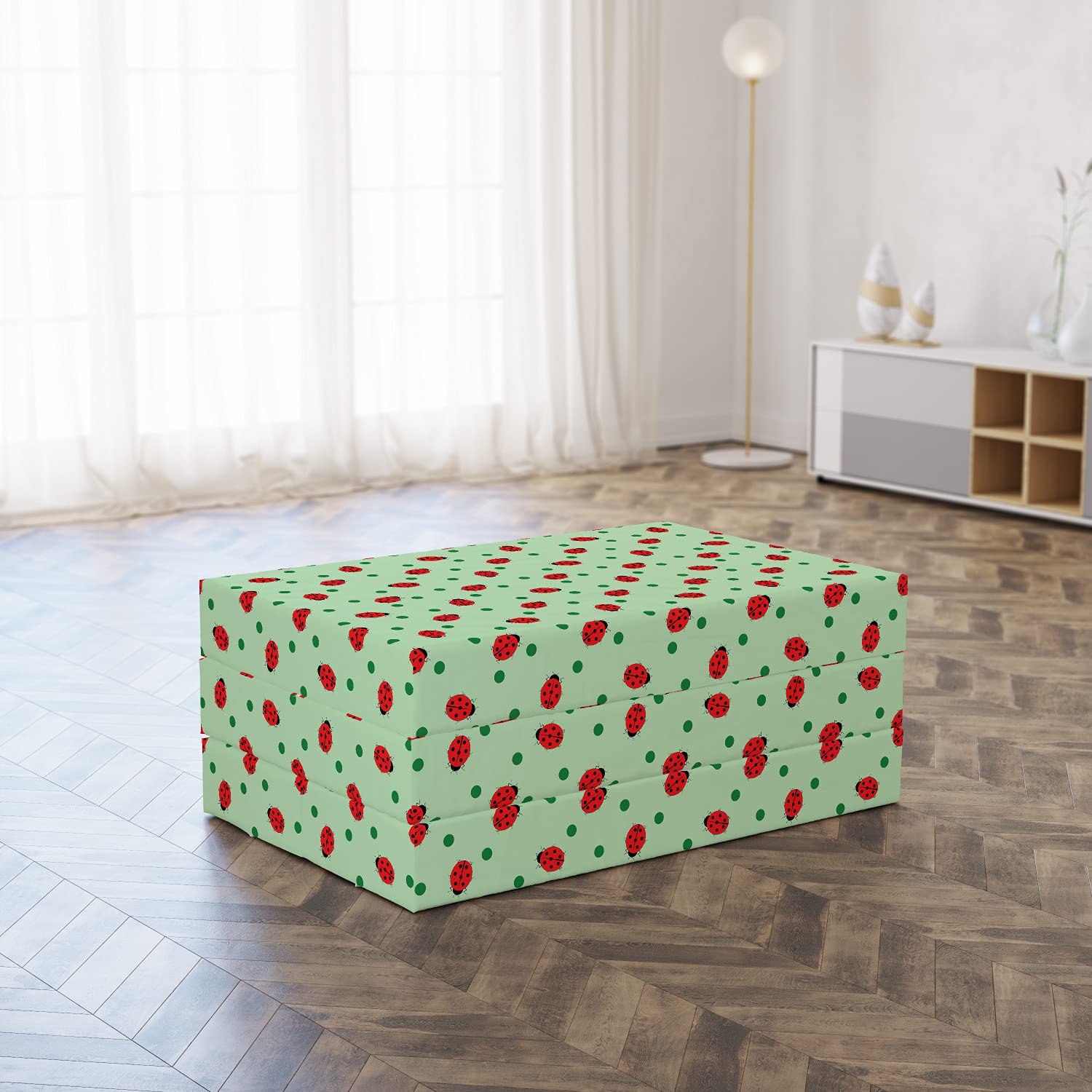 Ambesonne Ladybugs Foldable Mattress, Polka Dots with Insect, 74.8" x 39.4", Green Red Black