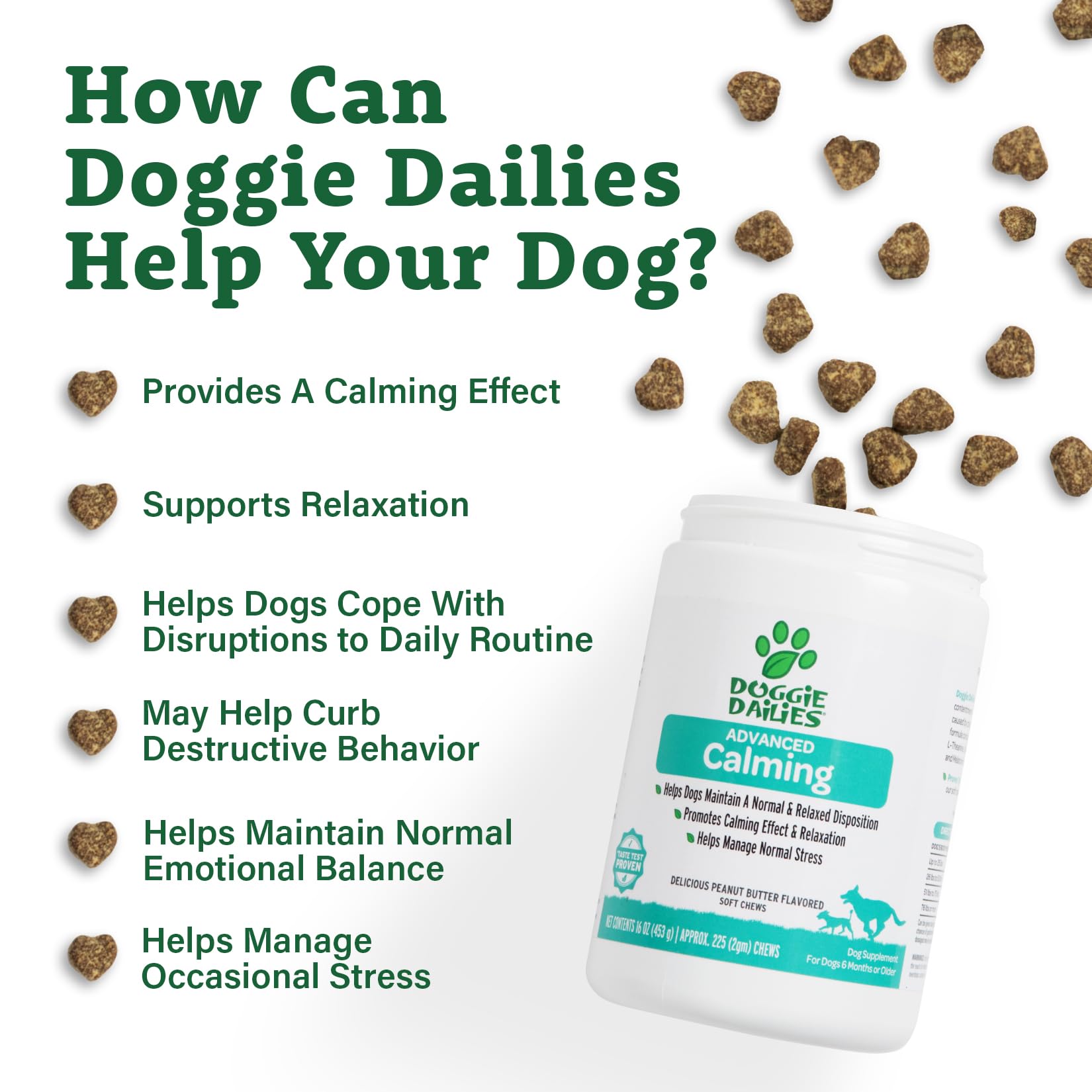 Doggie Dailies Calming Chews for Dogs, 225 Soft Chews, Melatonin for Dogs with Chamomile to Help Manage Stress Relief, Calm & Relaxation During Thunderstorms, Fireworks, Travel, & Separation