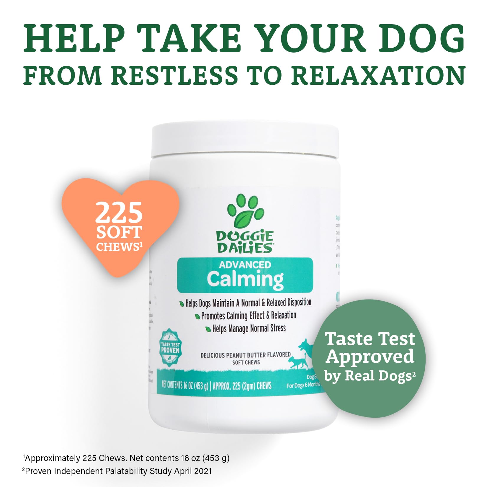 Doggie Dailies Calming Chews for Dogs, 225 Soft Chews, Melatonin for Dogs with Chamomile to Help Manage Stress Relief, Calm & Relaxation During Thunderstorms, Fireworks, Travel, & Separation