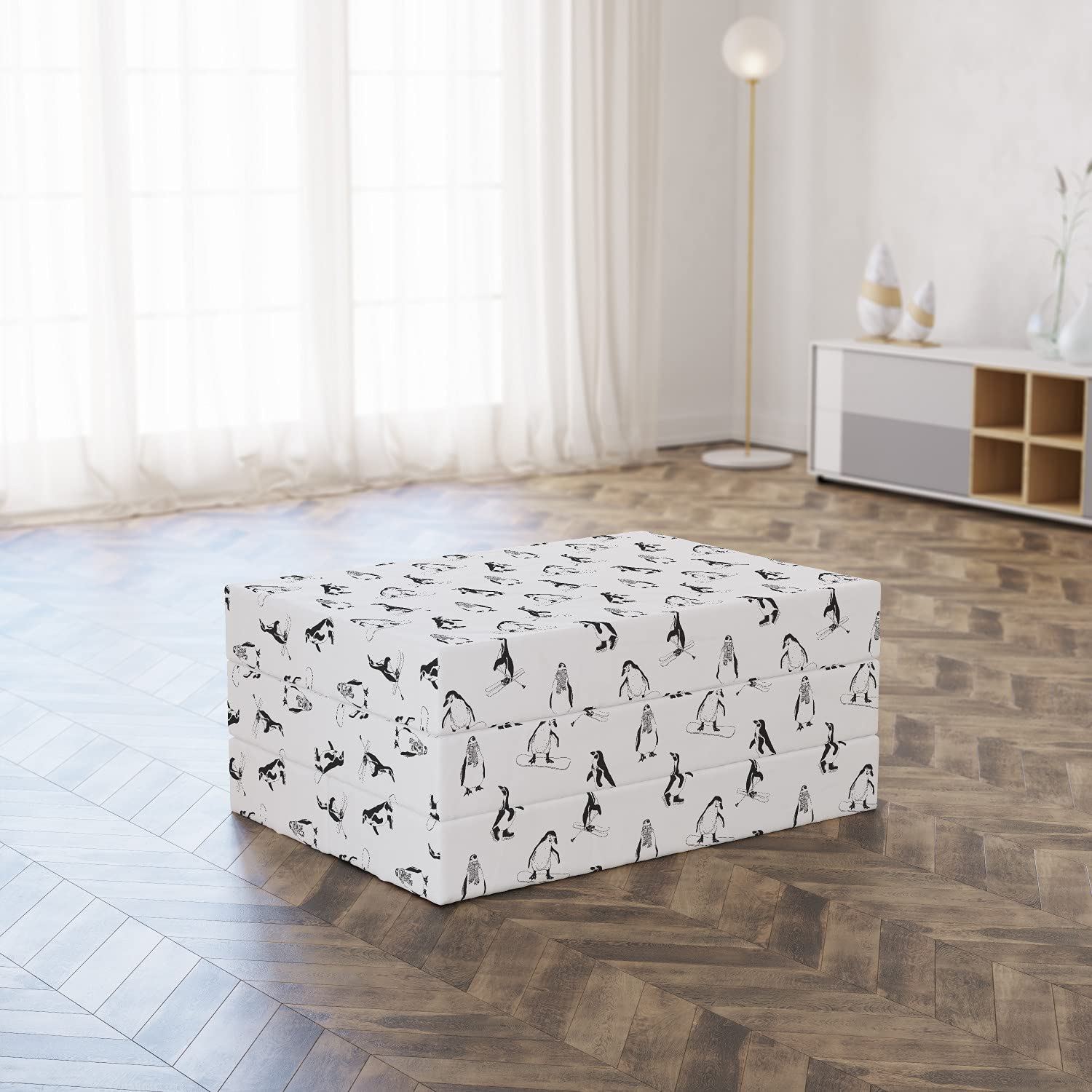 Ambesonne Penguin Foldable Mattress, Skiing Penguins in Scarves, 74.8" x 35.4", White Black