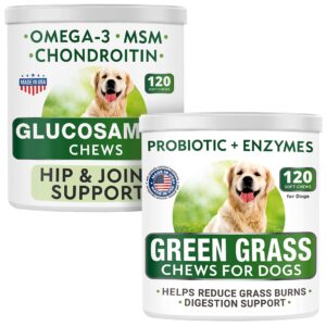 glucosamine dog treats + grass treatment for dog urine bundle - hip support and joint pain relief supplement w/ chondroitin, msm, omega-3 + pee lawn repair w probiotics - dog urine neutralizer