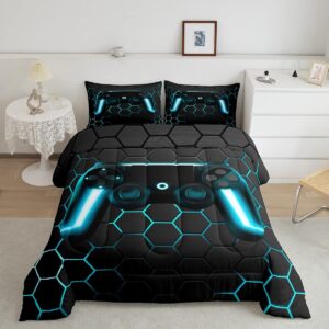 gaming comforter for boys teens game bedding sets twin,kids gamer comforter set game home decor,soft neon lights gamepad duvet insert all season hexagon quilt comforter with 1 pillowcase, blue grey