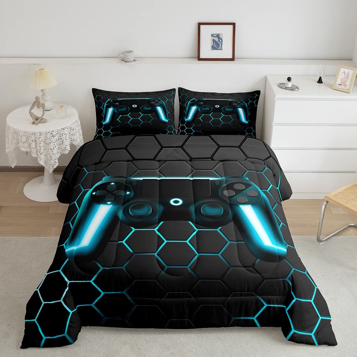 Gaming Comforter for Boys Teens Game Bedding Sets Twin,Kids Gamer Comforter Set Game Home Decor,Soft Neon Lights Gamepad Duvet Insert All Season Hexagon Quilt Comforter with 1 Pillowcase, Blue Grey